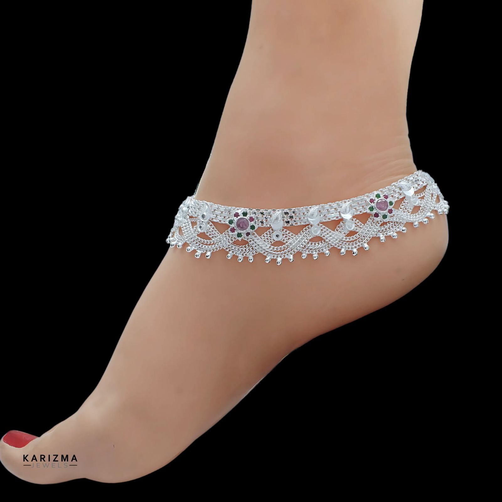 Real Sterling Silver Indian women brides collection CZ Anklets Ankle P Karizma Jewels